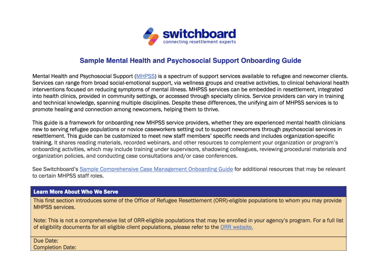 Sample Mental Health and Psychosocial Support Onboarding Guide ...